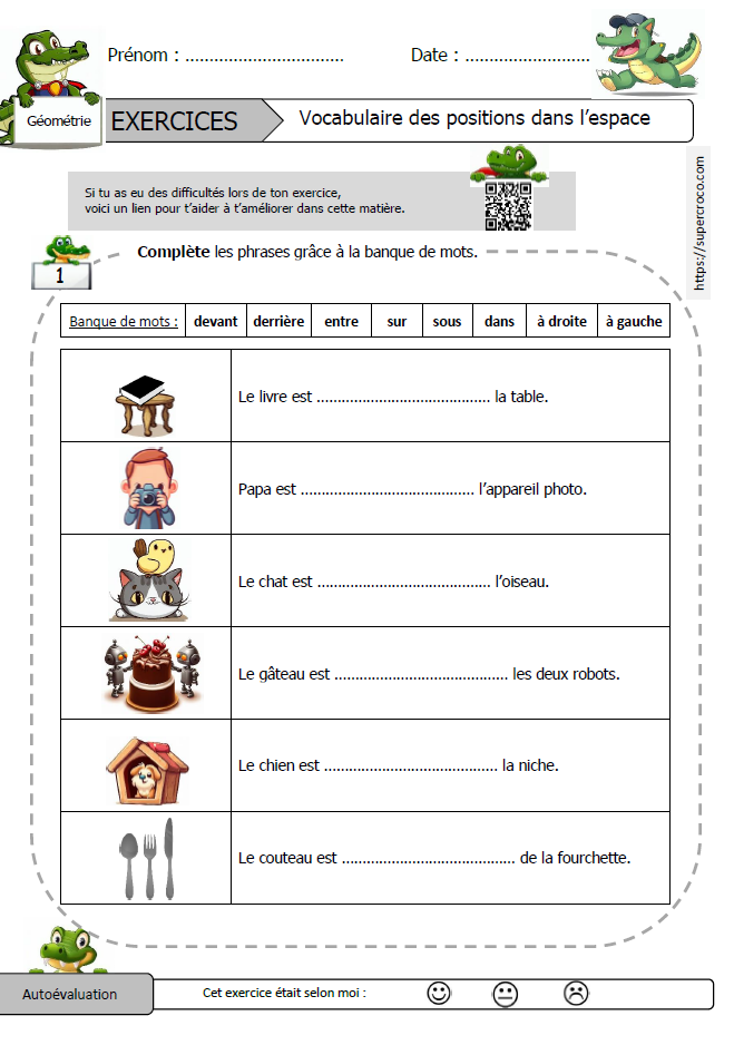 Exercices - Vocabulaire des positions dans l'espace