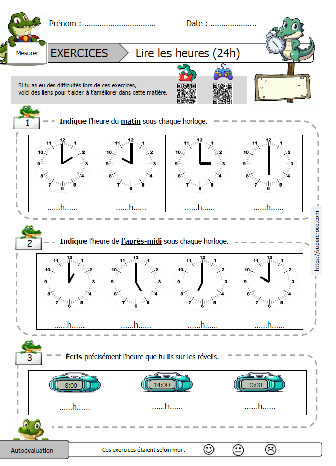 Lire les heures du matin et de l'après-midi - Exercices - SuperCroco