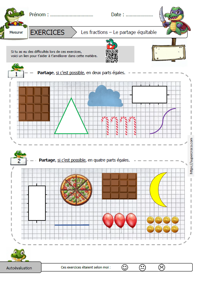 Les fractions – Partager équitablement - Exercices - SuperCroco