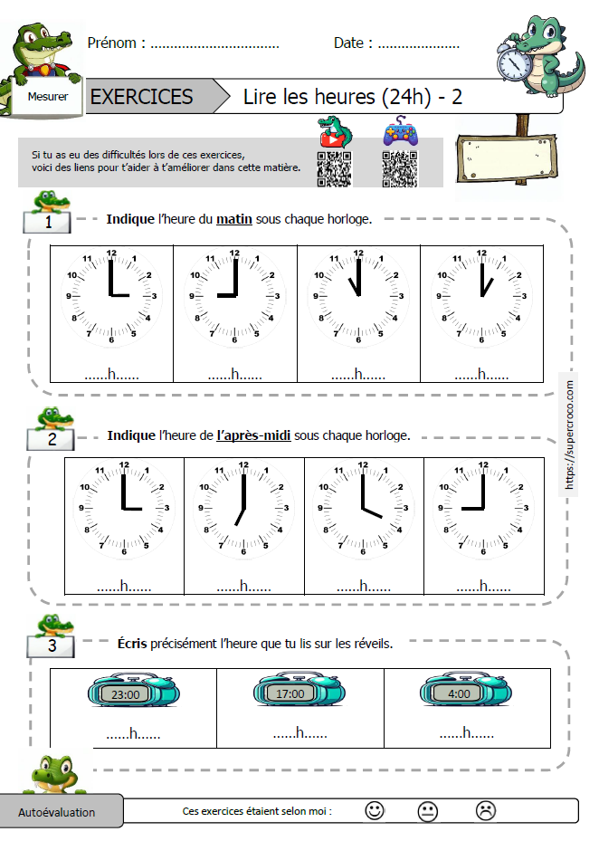 Lire les heures du matin et de l’après-midi – Exercices (2) - SuperCroco