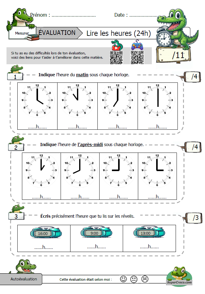 Lire les heures du matin et de l’après-midi – Évaluation - SuperCroco