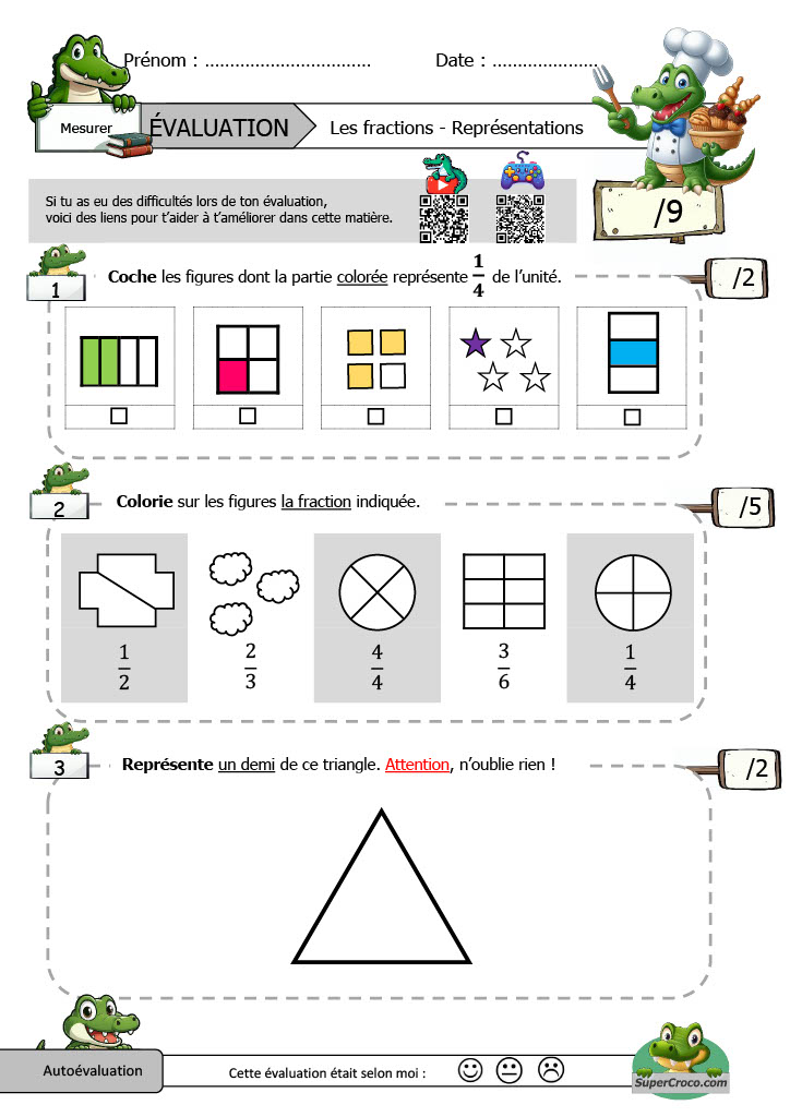 Les Fractions au CE1 - Évaluation - SuperCroco
