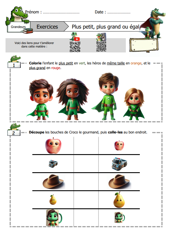 Plus petit, plus grand ou égal - 2 feuilles d'exercices