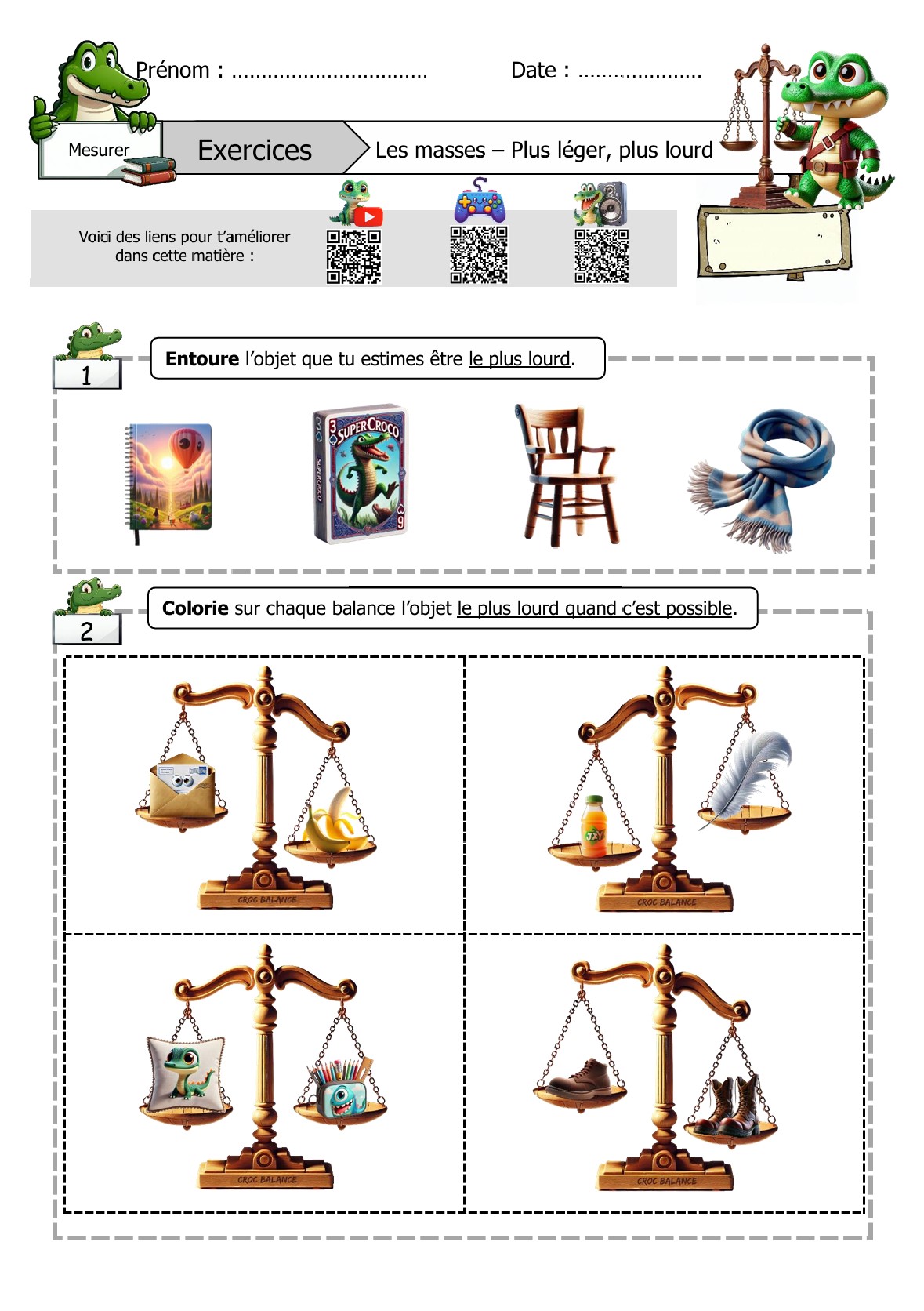 Les masses - Plus lourd, plus léger - Exercices - SuperCroco